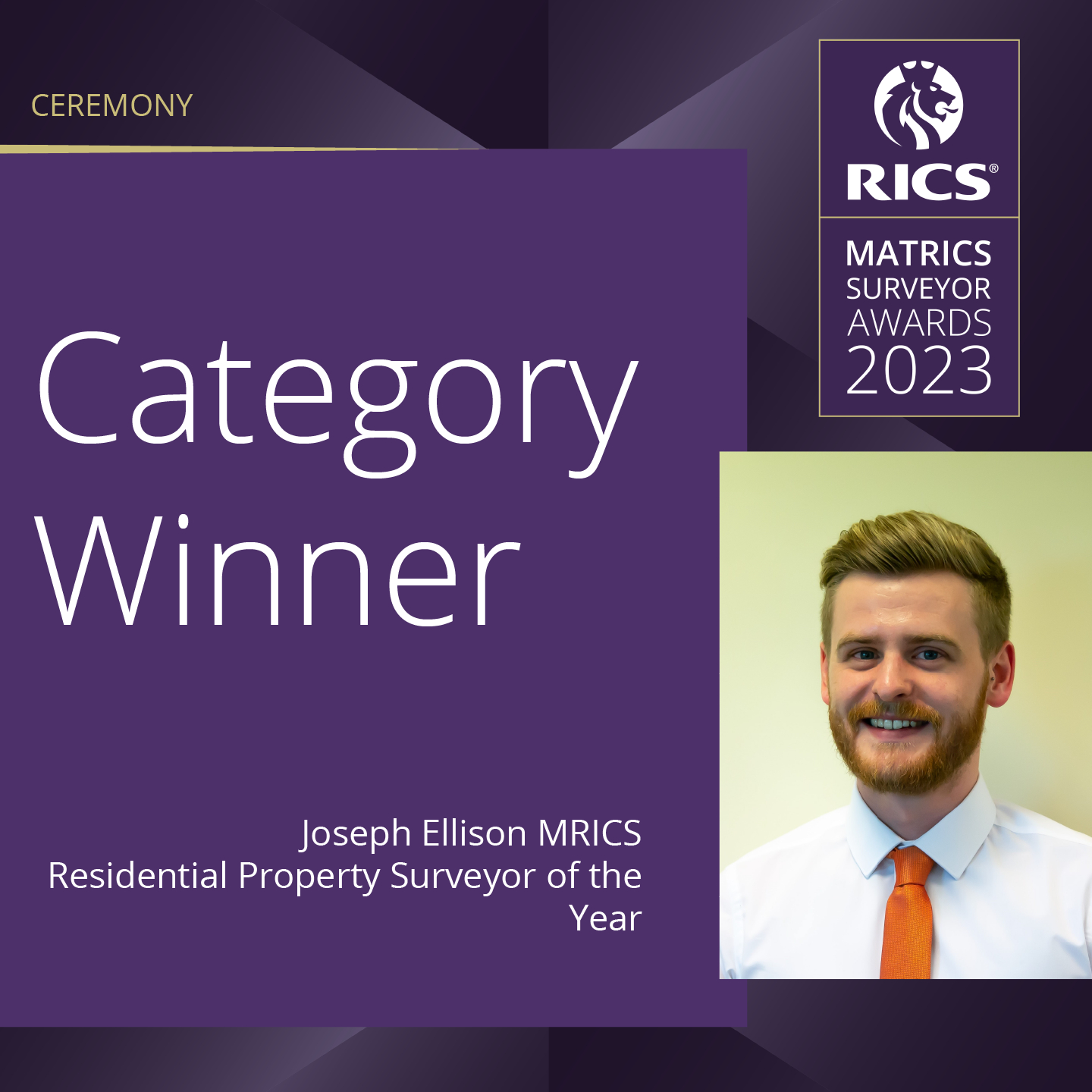 Joe Ellison Wins at RICS Matrics Surveyor Awards 2023 - Pinnacle Surveyors